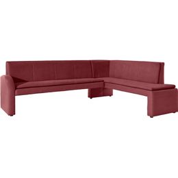 Eckbank exxpo - SOFA FASHION "Cortado, elegant und modern mit hohem Sitzkomfort" Sitzbänke Gr. B/H/T: 197cm x 89cm x 264cm, Naturleder MADRAS, langer Schenkel (Armlehne) links, rot (bordeaux) hohe Bodenfreiheit, schöne Detailverarbeitung, wahlweise Lederbezug