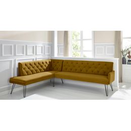 Eckbank exxpo - SOFA FASHION "Doppio, Chesterfield Optik, komfortabel und bequem, hohe Designfüße" Sitzbänke Gr. B/H/T: 197cm x 90cm x 255cm, Samtvelours, langer Schenkel rechts, goldfarben (antic gold) Frei im Raum stellbar