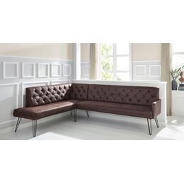 Eckbank exxpo - SOFA FASHION "Doppio, Chesterfield Optik, komfortabel und bequem, hohe Designfüße" Sitzbänke Gr. B/H/T: 197 cm x 90 cm x 255 cm, Microfaser Antiklederoptik, langer Schenkel rechts, braun (chocco) Frei im Raum stellbar