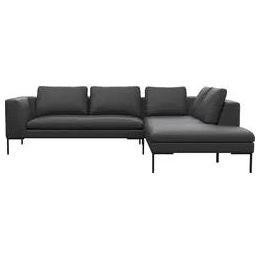 Ecksofa FLEXLUX "Loano, superbequemer Sitzkomfort durch Kaltschaum im Sitz" Sofas Gr. B/H/T: 284cm x 86cm x 230cm, Echtleder, lange Ottomane rechts, schwarz (deep black) modernes Sofa, frei im Raum stellbar, lose Kissen