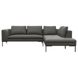 Ecksofa FLEXLUX "Loano, superbequemer Sitzkomfort durch Kaltschaum im Sitz" Sofas Gr. B/H/T: 284cm x 86cm x 230cm, Echtleder, lange Ottomane rechts, grau (warm mineral grey) modernes Sofa, frei im Raum stellbar, lose Kissen