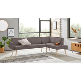 Eckbank exxpo - SOFA FASHION "Lungo, moderne Kedernaht, bequem und elegant, hoher Holzfuß" Sitzbänke Gr. B/H/T: 158 cm x 84 cm x 239 cm, Veloursstoff, langer Schenkel links, grau (taupe) hochwertige Detailverarbeitung, frei im Raum stellbar