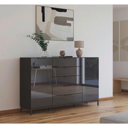 Kommode Rauch "Flipp" Sideboards Gr. B/H/T: 160 cm x 110 cm x 42 cm, 5 St., grau (graphit, glas basalt) 2-türig, 5 Schubladen, Soft-Close, Oberboden und Front Glas, 2 Breiten