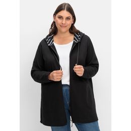 sheego Lange Sweatjacke mit gestreiftem Kapuzenfutter, schwarz, Gr.56/58