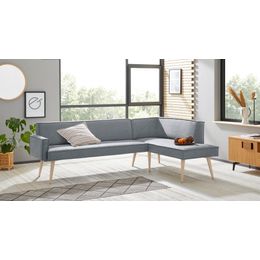 Eckbank exxpo - SOFA FASHION "Lungo, moderne Kedernaht, bequem und elegant, hoher Holzfuß" Sitzbänke Gr. B/H/T: 158 cm x 84 cm x 239 cm, Webstoff, langer Schenkel links, weiß (silver) hochwertige Detailverarbeitung, frei im Raum stellbar