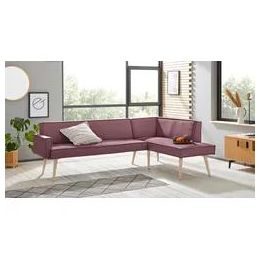 Eckbank exxpo - SOFA FASHION "Lungo, moderne Kedernaht, bequem und elegant, hoher Holzfuß" Sitzbänke Gr. B/H/T: 158cm x 84cm x 239cm, Veloursstoff, langer Schenkel links, lila hochwertige Detailverarbeitung, frei im Raum stellbar