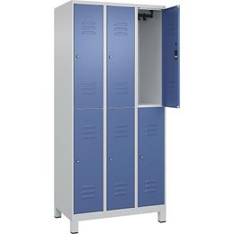 C+P Doppelstock-Spind Classic PLUS, 3 Abteile, lichtgrau / fernblau, HxB 1950 x 900 mm, mit Füßen, Zylinderschloss