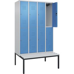 C+P Doppelstock-Spind Classic PLUS Sitzbank, 4 Abteile, lichtgrau / lichtblau, B 1200 mm, Zylinderschloss, untergebaut, Kunststoff