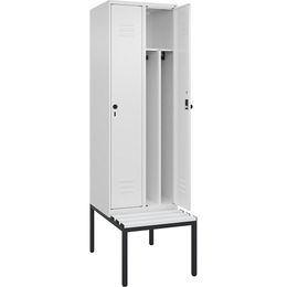 C+P Schwarz-Weiß-Spind Classic PLUS Sitzbank, schmal, 2 Abteile, Trennwand verkürzt, verkehrsweiß, B 600 mm, Sicherheits-Drehriegel, untergebaut, Kunststoff