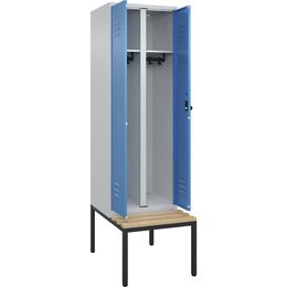 C+P Schwarz-Weiß-Spind Classic PLUS Sitzbank, 1 Abteil, lichtgrau / lichtblau, B 600 mm, Sicherheits-Drehriegel, untergebaut, Buche-Hartholz
