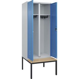 C+P Schwarz-Weiß-Spind Classic PLUS Sitzbank, 1 Abteil, lichtgrau / lichtblau, B 800 mm, Zylinderschloss, untergebaut, Buche-Hartholz