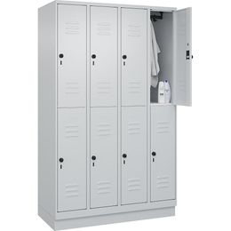 C+P Doppelstock-Spind Classic PLUS, 4 Abteile, lichtgrau, HxB 1950 x 1200 mm, mit Bodensockel, Drehriegel
