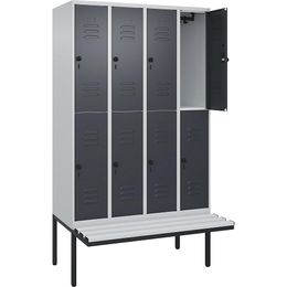 C+P Doppelstock-Spind Classic PLUS Sitzbank, 4 Abteile, lichtgrau / grau, B 1200 mm, Sicherheits-Drehriegel, auskragend, Kunststoff