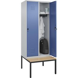 C+P Spind Classic PLUS Sitzbank, 2 Abteile, lichtgrau / fernblau, B 800 mm, Sicherheits-Drehriegel, untergebaut, Buche-Hartholz