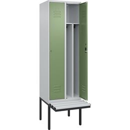 C+P Schwarz-Weiß-Spind Classic PLUS Sitzbank, schmal, 2 Abteile, Trennwand verkürzt, lichtgrau / resedagrün, B 600 mm, Zylinderschloss, auskragend, Kunststoff