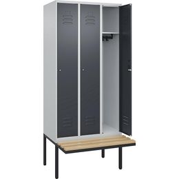 C+P Spind Classic PLUS Sitzbank, 3 Abteile, lichtgrau / grau, B 900 mm, Zylinderschloss, auskragend, Buche-Hartholz