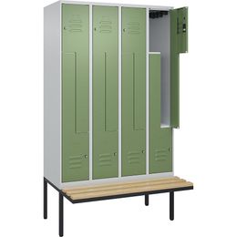C+P Z-Spind Classic PLUS Sitzbank, 4 Abteile, lichtgrau / resedagrün, B 1200 mm, Zylinderschloss, auskragend, Buche-Hartholz