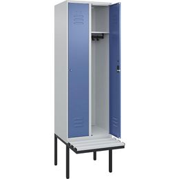 C+P Spind Classic PLUS Sitzbank, 2 Abteile, lichtgrau / fernblau, B 600 mm, Zylinderschloss, auskragend, Kunststoff