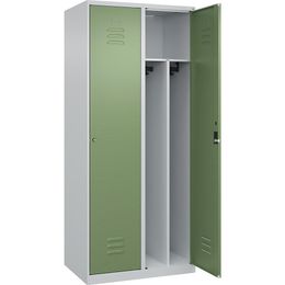 C+P Schwarz-Weiß-Spind Classic PLUS, schmal, 2 Abteile, Trennwand verkürzt, lichtgrau / resedagrün, B 800 mm, mit Bodengleitern, Zylinderschloss, Trennwand mittig