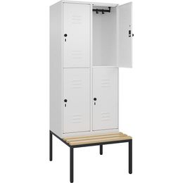 C+P Doppelstock-Spind Classic PLUS Sitzbank, 2 Abteile, verkehrsweiß, B 800 mm, Sicherheits-Drehriegel, untergebaut, Buche-Hartholz
