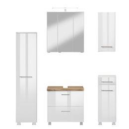 Badmöbel-Set Welltime ""Trento", Badezimmer-Set, Hängeschrank, Unterschrank, Midischrank" Kastenmöbel-Sets Gr. B/H/T: 120 cm x 200 cm x 35 cm, weiß (hochglanz weiß, baumkante) Waschbeckenunterschrank, Spiegelschrank inkl. Aufbauleuchte