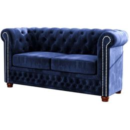 Chesterfield Lothar Sofa 2-Sitzer aus Blau Samt mit Holzfüßen