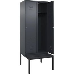 C+P Spind Classic PLUS Sitzbank, 2 Abteile, grau, B 800 mm, Zylinderschloss, untergebaut, Kunststoff