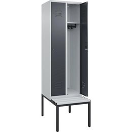 C+P Spind Classic PLUS Sitzbank, 2 Abteile, lichtgrau / grau, B 600 mm, Zylinderschloss, untergebaut, Kunststoff