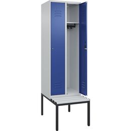 C+P Spind Classic PLUS Sitzbank, 2 Abteile, lichtgrau / enzianblau, B 600 mm, Zylinderschloss, untergebaut, Kunststoff