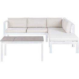 Beliani Lounge Set Weiß Aluminium mit Auflagen Cremeweiß Stoff Skandi Modern 5-Sitzer Ecksofa Ottomane und 1 Couchtisch Terrasse Garten Möbel