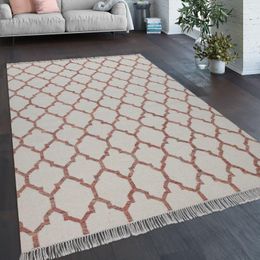 Paco Home - Teppich Wohnzimmer Marokkanisches Muster Fransen Handgewebt Wolle Beige Rot 80x150 cm