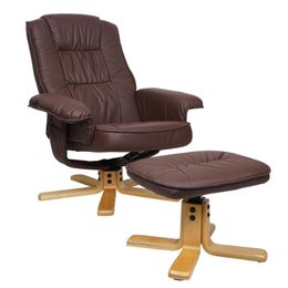 MCW Relaxsessel H56, Fernsehsessel TV-Sessel mit Hocker Ottomane, Kunstleder Eukalyptus Holz MVG-zertifiziert ~ rot-braun