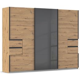 Schwebetürenschrank Rauch "Kleiderschrank Schrank Garderobe Wäscheschrank LUZIA in 2 Breiten" Schränke Gr. B/H/T: 271 cm x 210 cm x 62 cm, 3 St., braun (eiche artisan, glas basalt) mit 2 Schubladen Glastür in modernen Dekor-Farben MADE IN GERMANY