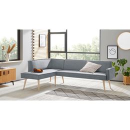 Eckbank exxpo - SOFA FASHION "Lungo, moderne Kedernaht, bequem und elegant, hoher Holzfuß" Sitzbänke Gr. B/H/T: 158 cm x 84 cm x 239 cm, Webstoff, langer Schenkel rechts, weiß (silver) hochwertige Detailverarbeitung, frei im Raum stellbar