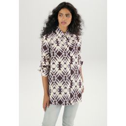 Hemdbluse Aniston SELECTED Gr. 42, beige (beige, flieder, anthrazit) Damen Blusen in Batik-Optik - NEUE KOLLEKTION