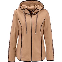 Damen Fleecejacke mit gemusterten Zierb&auml;ndern camel-schwarz, Gr&ouml;&szlig;e 56