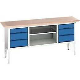 Kastenwerkbank Bott verso, mit Multiplex-Platte, 6 Schubladen & 1 Ablageboden, B 2000 x T 600 x H 830 - 930 mm, RAL 7035 Lichtgrau / RAL 5010 Enzianblau