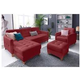 Ecksofa exxpo - SOFA FASHION "Elio, kompakt und komfortabel, bequem zeitloses Design, L-Form" Sofas Gr. B/H/T: 217cm x 84cm x 157cm, Naturleder MADRAS, Recamiere links, mit Bettfunktion, rot (bordeaux) wahlweise mit Bettfunktion