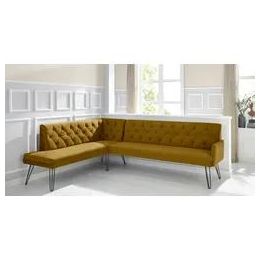 Eckbank exxpo - SOFA FASHION "Doppio, Chesterfield Optik, komfortabel und bequem, hohe Designfüße" Sitzbänke Gr. B/H/T: 197cm x 90cm x 255cm, Samtvelours, langer Schenkel rechts, goldfarben (antic gold) Frei im Raum stellbar