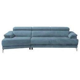 Ecksofa Egoitaliano "Soul, extravagantes Designsofa, Megasofa, super bequem, tolle Details" Sofas Gr. B/H/T: 246cm x 99cm x 140cm, Luxus-Microfaser Lederoptik, Recamiere links, blau (hellblau) mit Trapez-Abschlußelement, inkl verstellbarer Kopfteile