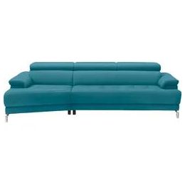 Ecksofa Egoitaliano "Soul, extravagantes Designsofa, Megasofa, super bequem, tolle Details" Sofas Gr. B/H/T: 246 cm x 99 cm x 140 cm, Leder BULL, Recamiere links, blau (türkis) mit Trapez-Abschlußelement, inkl verstellbarer Kopfteile