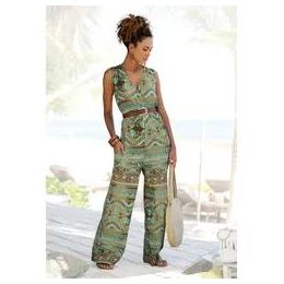 Overall Lascana Gr. 46, N-Gr, grün (türkis, bedruckt) Damen Overalls mit überlappendem V-Ausschnitt, sommerlicher Jumpsuit Alloverprint