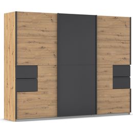 Schwebetürenschrank Rauch "Kleiderschrank Schrank Garderobe Wäscheschrank LUZIA in 2 Breiten" Schränke Gr. B/H/T: 271 cm x 210 cm x 62 cm, 3 St., grau (eiche artisan, graumetallic) mit 2 Schubladen im modernen Dekor-Farbmix MADE IN GERMANY