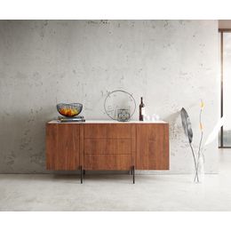 DeLife Sideboard Secara 145 cm Akazie Braun 2 Türen 3 Schübe Marmor Füße Schwarz, Sideboards