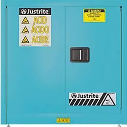 Justrite FM-Chemikalienschrank Undercounter Sure-Grip® EX, für Ätzmittel, bis 83 Liter, manuell schließende Türen, blau