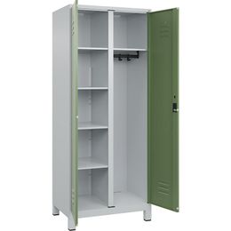 C+P Putzmittelspind Classic PLUS, 1 Abteil, Trennwand mittig, lichtgrau / resedagrün, B 800 mm, mit Füßen, Zylinderschloss