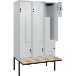 C+P Z-Spind Classic PLUS Sitzbank, 3 Abteile, lichtgrau, B 1200 mm, Sicherheits-Drehriegel, auskragend, Buche-Hartholz