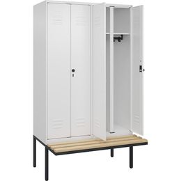 C+P Schwarz-Weiß-Spind Classic PLUS Sitzbank, 2 Abteile, verkehrsweiß, B 1200 mm, Sicherheits-Drehriegel, auskragend, Buche-Hartholz