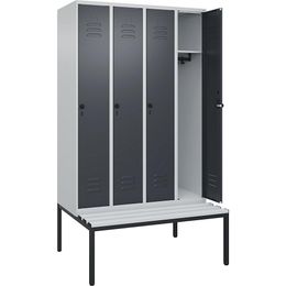 C+P Spind Classic PLUS Sitzbank, 4 Abteile, lichtgrau / grau, B 1200 mm, Sicherheits-Drehriegel, untergebaut, Kunststoff