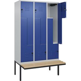 C+P Z-Spind Classic PLUS Sitzbank, 3 Abteile, lichtgrau / enzianblau, B 1200 mm, Sicherheits-Drehriegel, auskragend, Buche-Hartholz